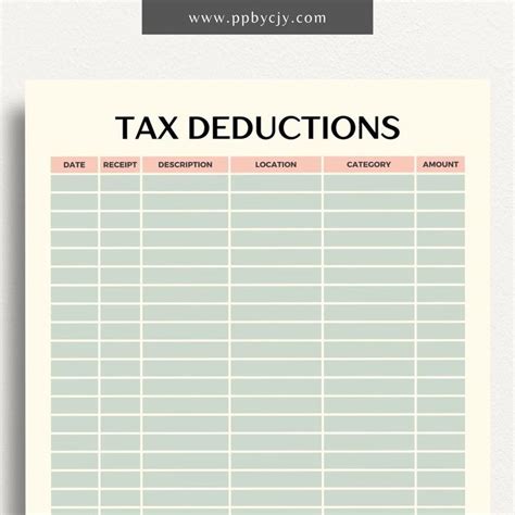 Tax Deduction Tracker Printable Template Organize Your Finances Tax