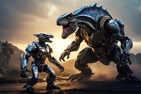 Premium Photo The Battle Between Robotic Dinosaurs In The Wilderness