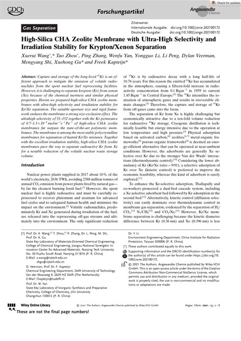 Pdf High‐silica Cha Zeolite Membrane With Ultra‐high Selectivity And