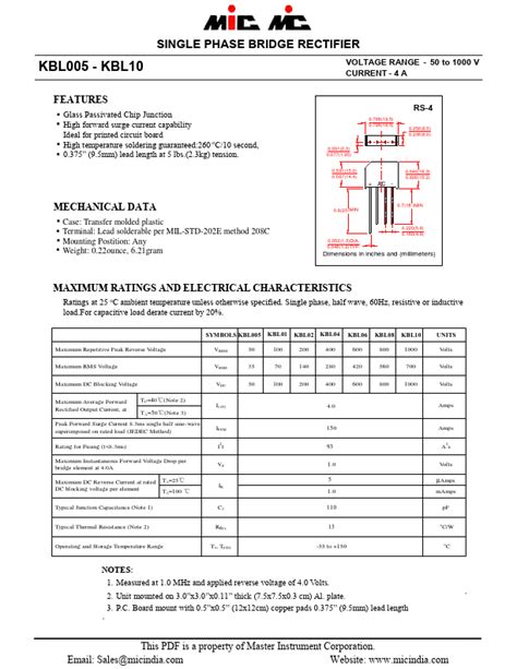 Kbl08 Datasheet Single Phase Bridge Rectifier Distributor And Price Mic