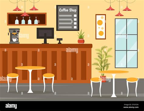 Coffee Shop Vector Illustration With Interior And Furniture Suitable