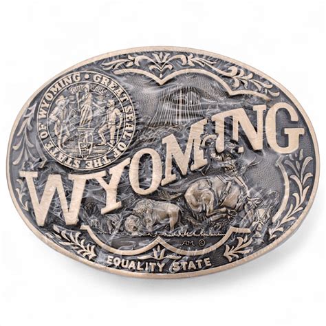 Wyoming State Seal Solid Brass Vintage Belt Buckle By Award Design
