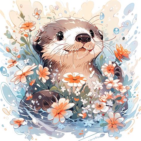 Premium Photo There Is A Drawing Of A Otter With Flowers And