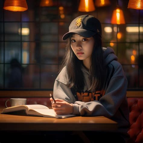 Premium Ai Image A Girl Sits At A Table With A Book And A Cap On