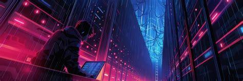 A Skilled Hacker Types On A Laptop In A Neonlit Data Center Surrounded By Servers And Glowing