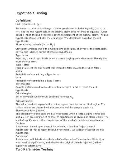 Hypothesis Testing Hypothesis Testing Definitions Null Hypothesis H0 Statement Of Zero Or