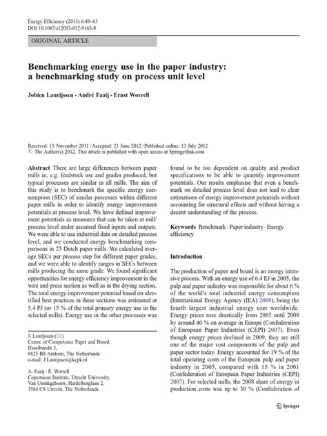 Benchmarking Energy Use In Paper Pdf Paper Pulp Paper