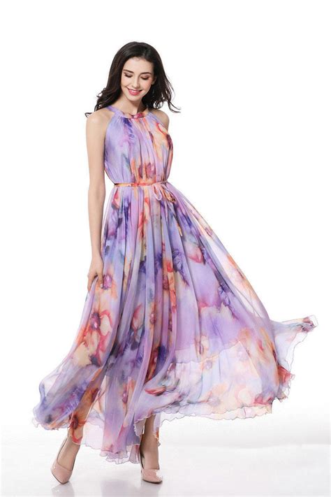 Purple Floral Chiffon Maxi Dress Lightweight Party Gown Etsy