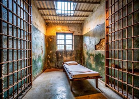 Captivating View Of A Prison Jail Cell With Rusty Bars And Concrete