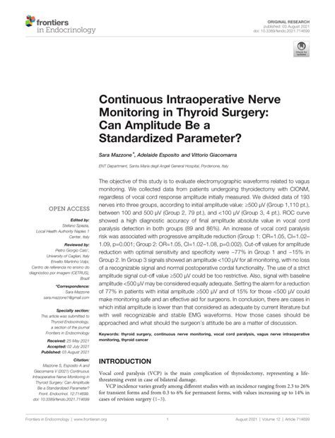 Pdf Continuous Intraoperative Nerve Monitoring In Thyroid Surgery Can Amplitude Be A