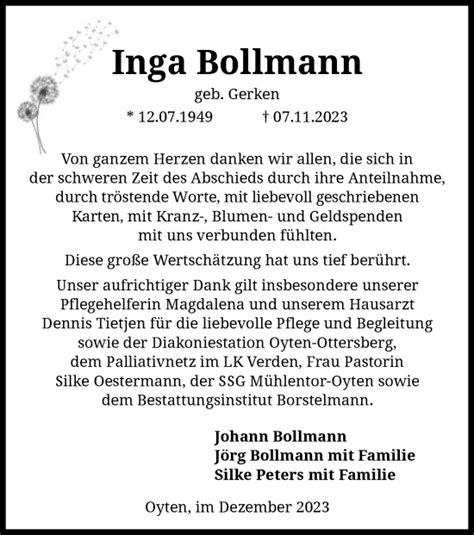 Traueranzeigen Von Inga Bollmann Trauerkreiszeitungde