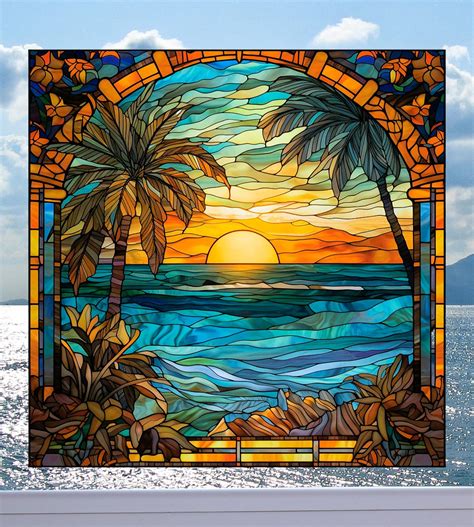 Ocean And Palm Trees Window Cling Faux Stained Glass Sunset Suncatcher Size 8 Thick Glassy