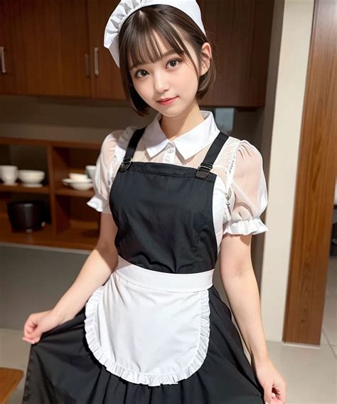 Stable Diffusion 짧은 머리 아름다운 소녀 명작 위를 보다 메이드 의상 메이드 앞치마 현실적 무료 AI 이미지 비디오 프롬프트 생성기