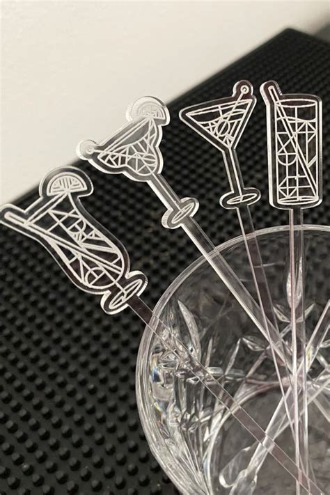 Deco Cocktail Stirrer Set Outlines Of Cocktails In Clear Acrylic