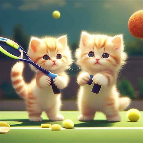 Cute Fluffy Kittens Playing Tennis — Image Created In Shedevrum