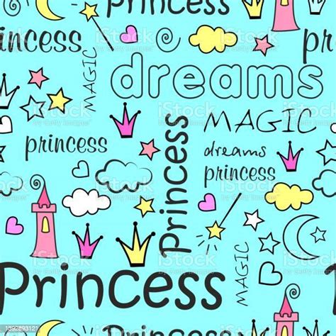 공주를위한 멋진 패션 원활한 파란색 패턴 벡터 일러스트 레이 션 크라운 하트 요정 성 마술 지팡이 달 별 파란색 배경에 여자를위한 멋진 파티 파란색에 흰색 단어 연속무늬에