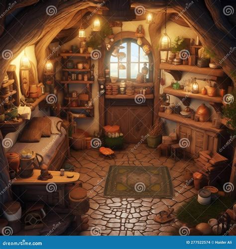 Small Elf Or Dwarf House Interior Generative Ai Stock Illustration