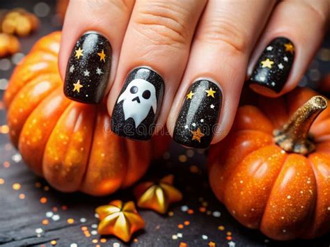 Spooky Halloween Nail Art Black Polish Ghosts Pumpkins And Stars