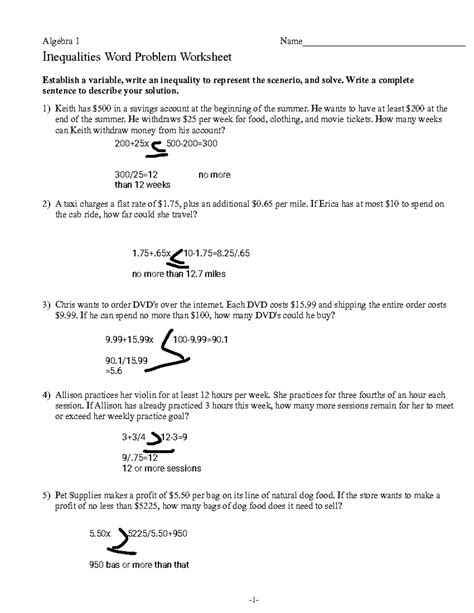 Inequality Word Problems Worksheet