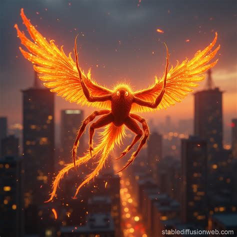 Fiery Spider Phoenix Hybrid In Glowing City Skyline Stable Diffusion