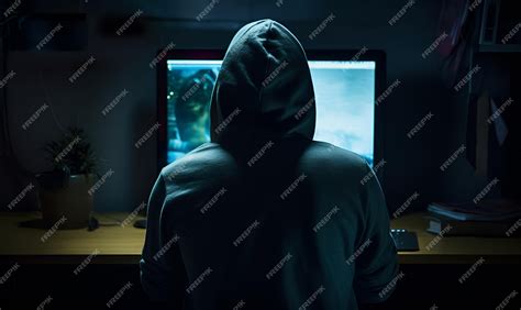 Premium Ai Image Mysterious Male Hacker Facing The Monitor Ai Generative Design