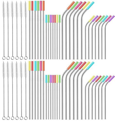재사용 가능한 스테인리스 스틸 빨대 60개 실리콘 팁 포함 216cm85인치 267cm105인치 금속 티몬
