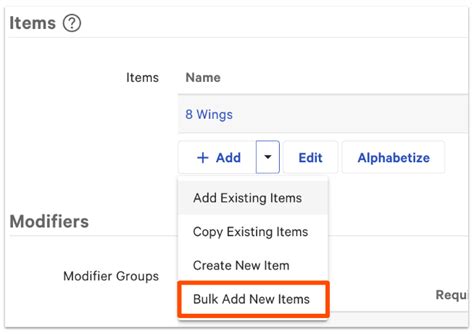 Bulk Add Items Modifier Groups And Modifiers