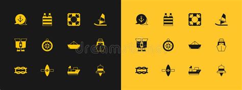 Set Windsurfing Kayak And Paddle Folded Paper Boat Cargo Ship Compass Lifebuoy Anchor And