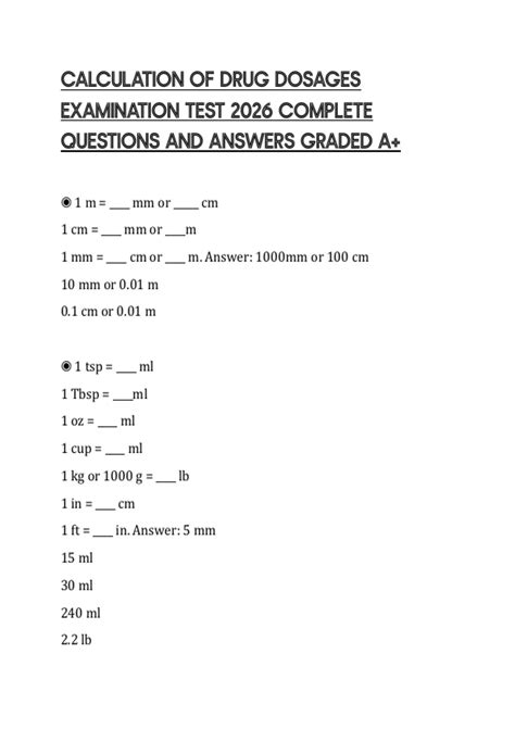 Calculation Of Drug Dosages Examination Test 2026 Complete Questions