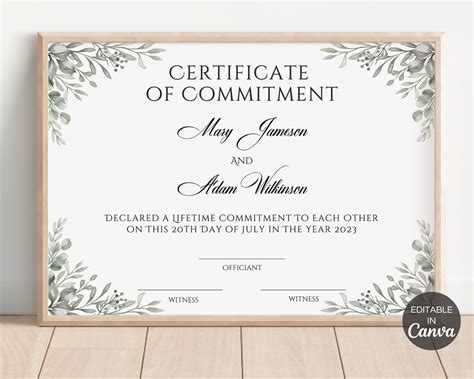 Certificate Of Commitment Editable Template Greenery Etsy