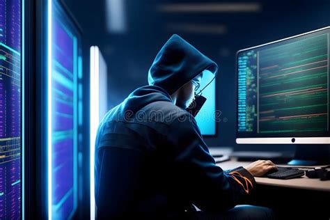 The Cyber Crime Hacker In Silhouetted And Disguised Breaking Into The Computer Server System