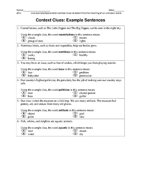 Context Clues Unit Example Aim Use Example Explanation Context Clues