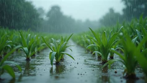 Heavy Rain Falls On Young Green Crop Plants In Flooded Farm Field
