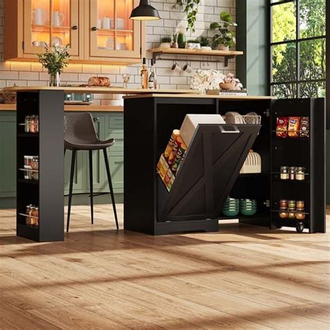 360° Roterande Köksö Modern Design Multifunktionell Förvaring Svart Sideboard Med Sidofack
