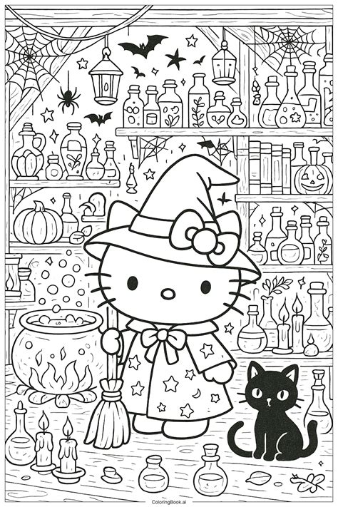Hello Kittys Detailed Witch Laboratory Coloring Page Free Pdfandpng