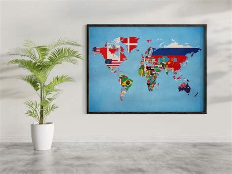 World Map Of Flags Country Map Poster Educational Art Etsy
