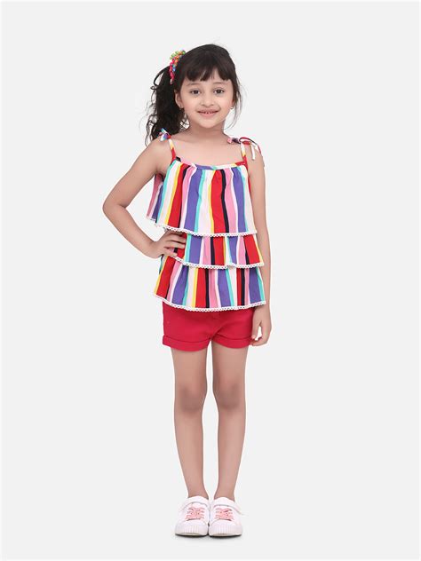 Girls Rainbow Striped Top With Pink Shorts Set Stylestone