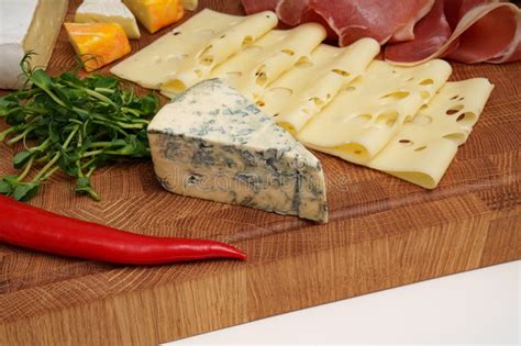 Cheese Wooden Board Different Types Of Cheese Chili Jamon Sausage