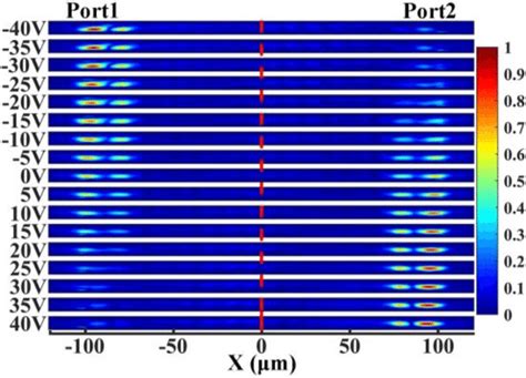 simulated mode field distributions at the two output ports for