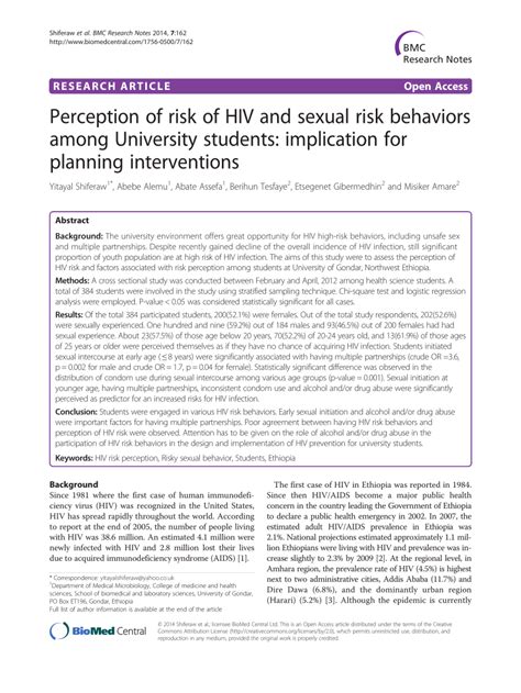 Pdf Perception Of Risk Of Hiv And Sexual Risk Behaviors Among
