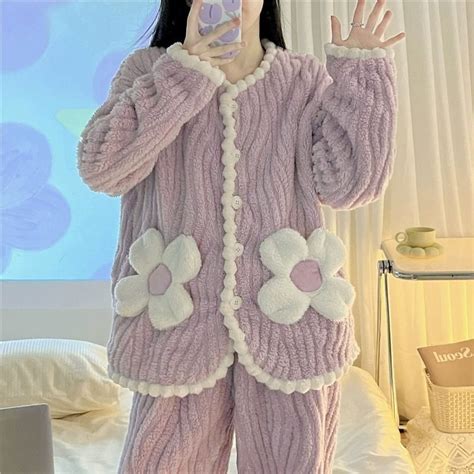 Coral Velvet Pajamas Women Autumn Winter Loungewear Suit Thick Long Sleeve Sleepwear Cute