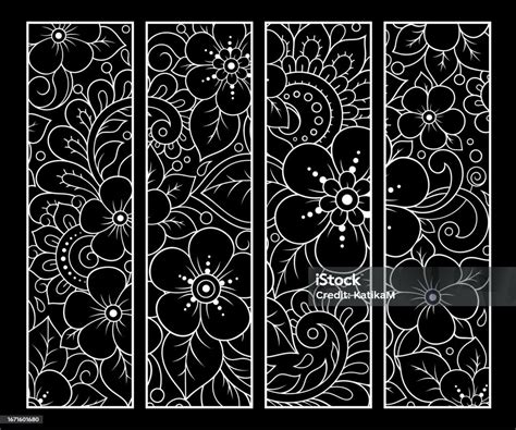 책 인쇄 책 갈피 색칠 꽃 무늬가 있는 흑백 라벨 세트로 핸드 드로우는 멘디 스타일로 그립니다 색깔의 연필을 가진 어린이와 성인의 창의력을위한 장식품의 스케치 강렬하고 밝은