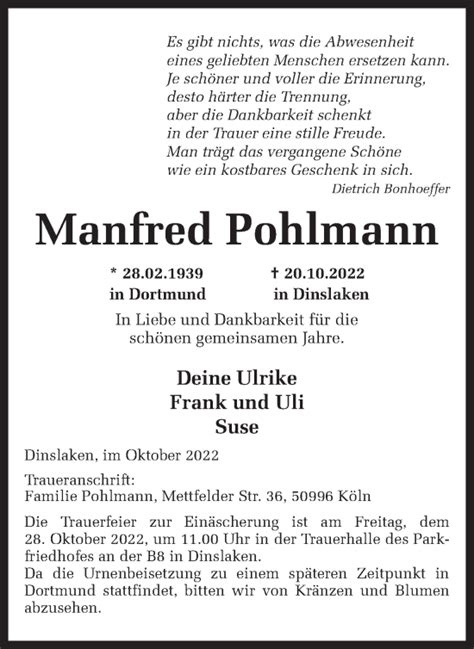 Traueranzeigen Von Manfred Pohlmann Sich Erinnern De