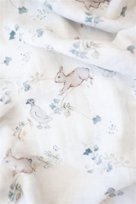 Organic Muslin Gauze Swaddle Blanket Ivy Bunnies Ducks Green Fawn