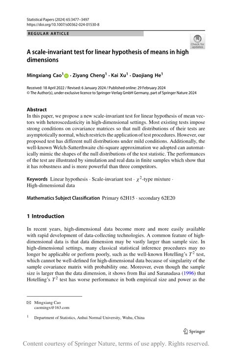a scale invariant test for linear hypothesis of means in high
