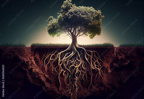 Root System Of A Tree Growing Underground Soil Section Concept
