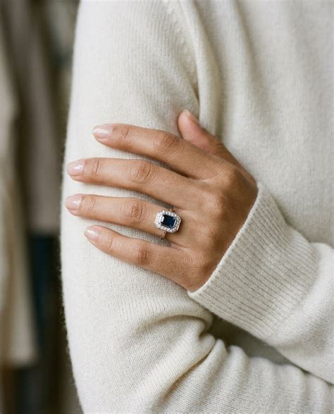Sapphire And Diamond Bezel Emerald Cut Halo Ring In 14k White Gold