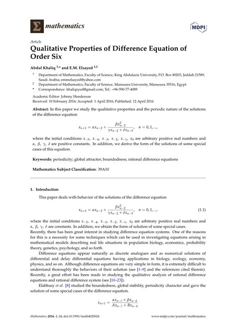 Pdf Qualitative Properties Of Difference Equation Of Order Six