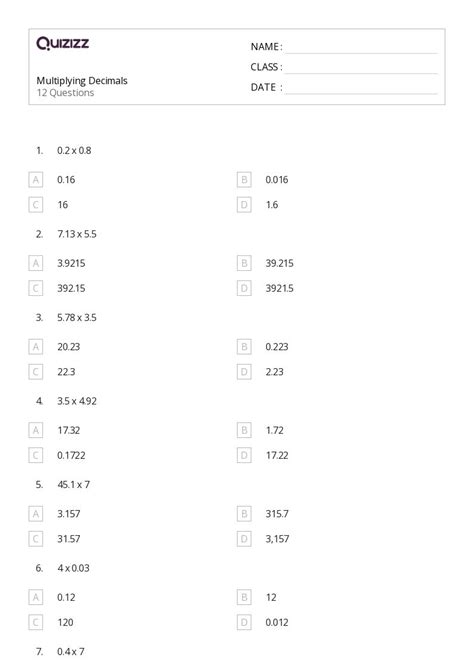 50 Multiplying Decimals Worksheets For 6th Year On Quizizz Free And Printable