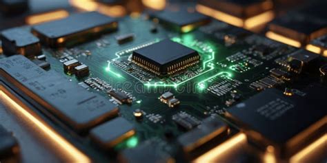 Futuristic Circuit Board With Glowing Green Lights And Complex Microchip Technology Stock Image